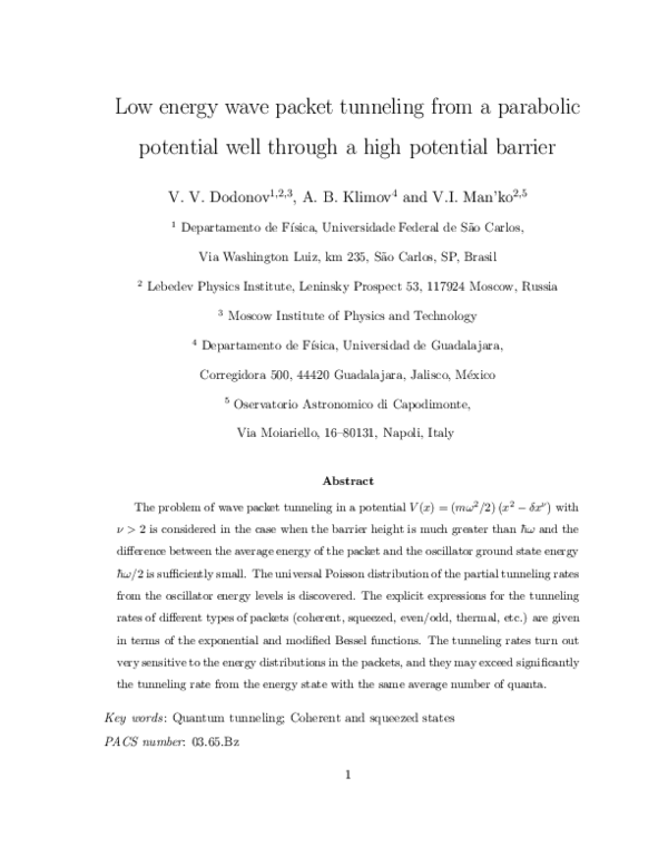 (PDF) Low energy wave packet tunneling from a parabolic potential well through a high potential ...