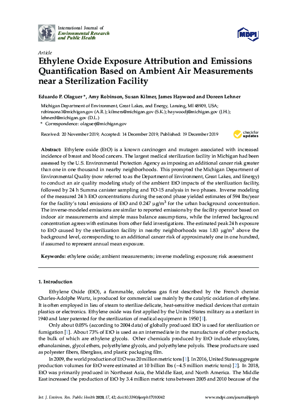 (PDF) Ethylene Oxide Exposure Attribution and Emissions Quantification ...