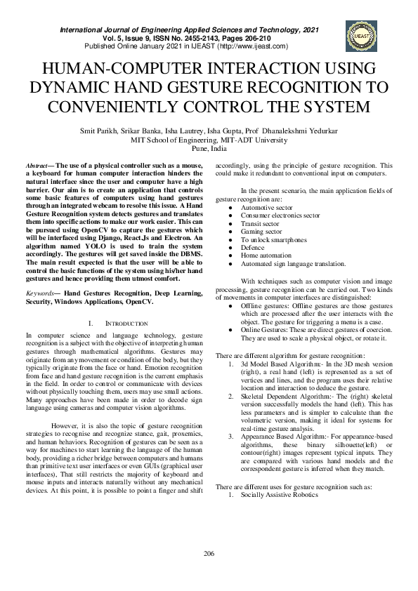(PDF) Human-Computer Interaction Using Dynamic Hand Gesture Recognition to Conveniently Control ...