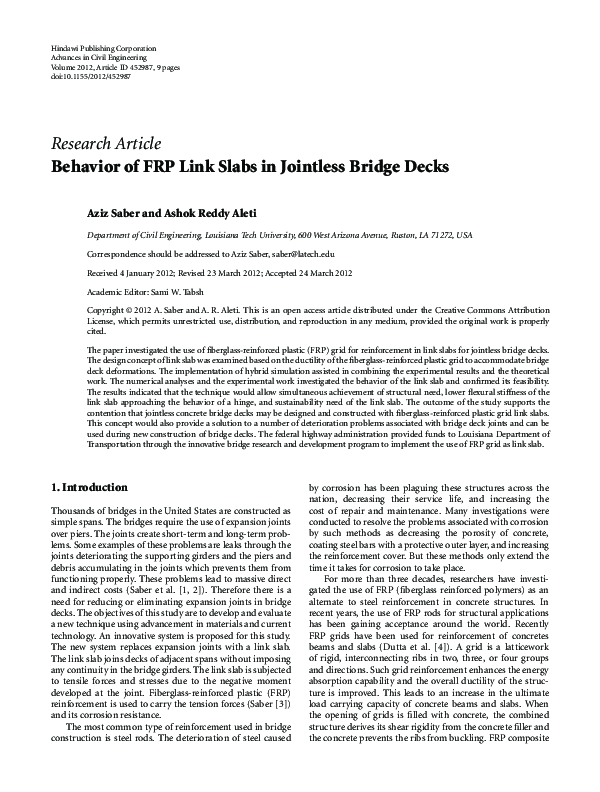 (PDF) Behavior of FRP Link Slabs in Jointless Bridge Decks