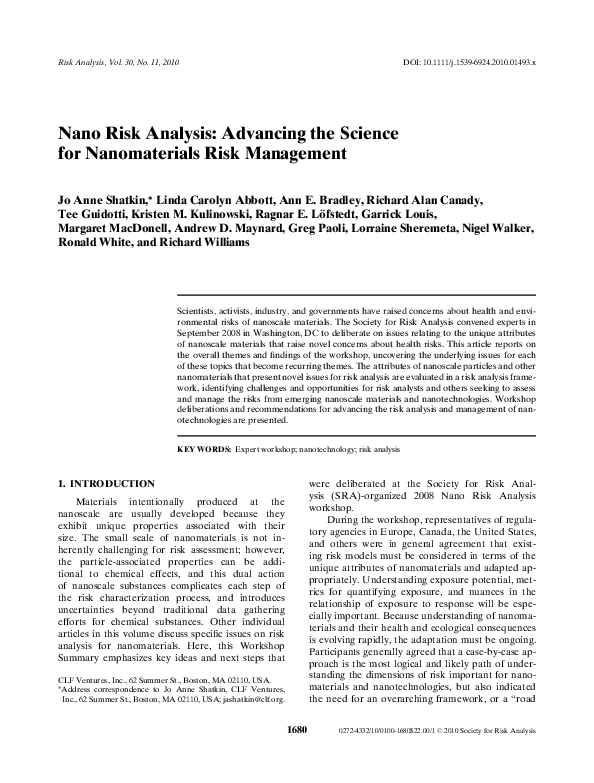 (PDF) Nano Risk Analysis: Advancing the Science for Nanomaterials Risk ...