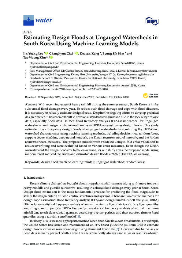 (PDF) Estimating Design Floods at Ungauged Watersheds in South Korea Using Machine Learning Models