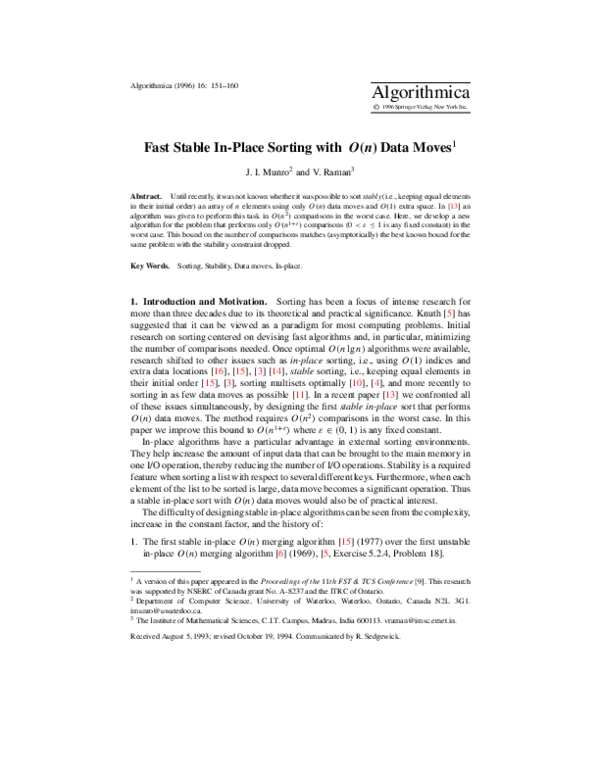 (PDF) Fast stable in-place sorting withO(n) data moves | Ian Munro ...