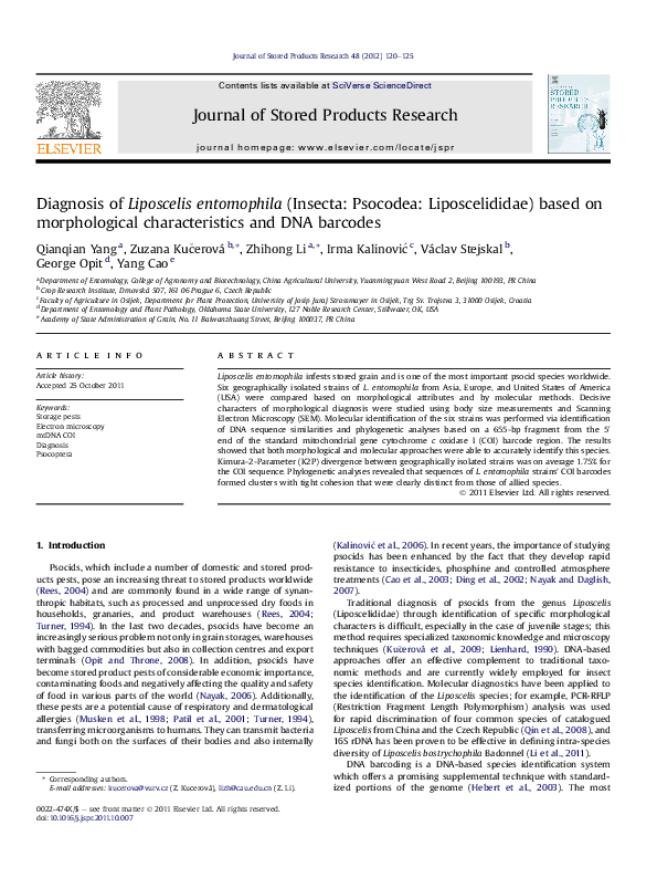 (PDF) Diagnosis of Liposcelis entomophila (Insecta: Psocodea ...