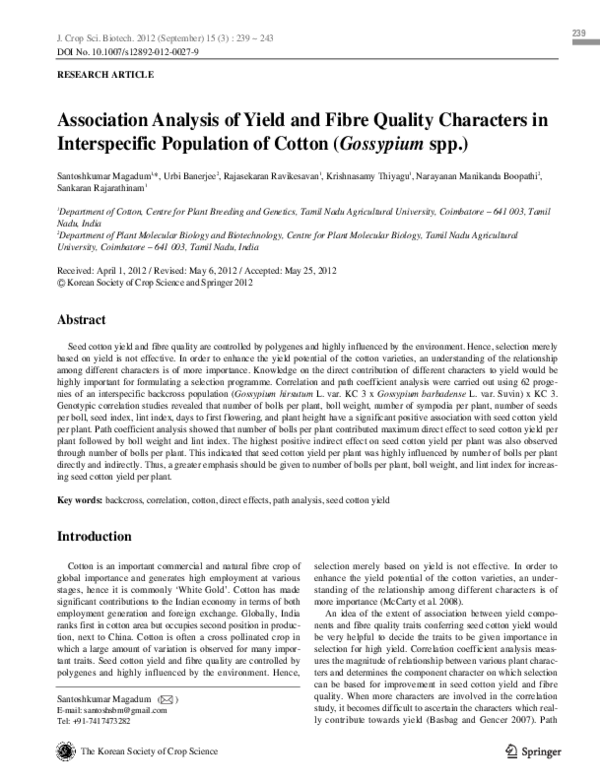 (PDF) Association analysis of yield and fibre quality characters in interspecific population of ...
