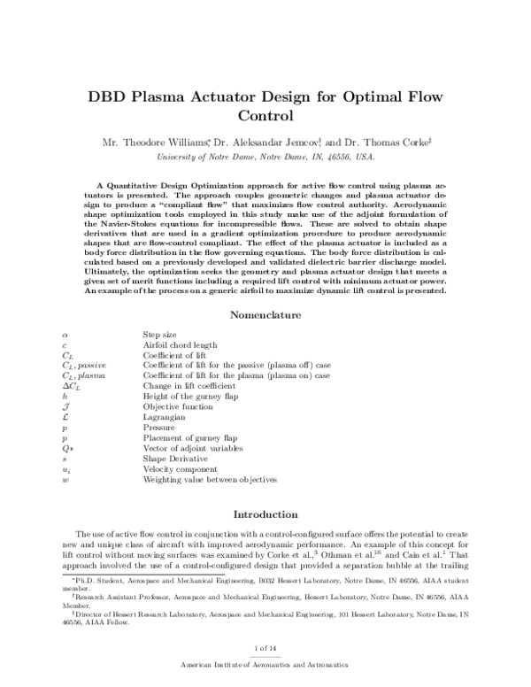 (PDF) DBD Plasma Actuator Design for Optimal Flow Control