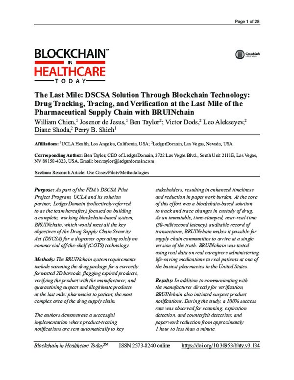 (PDF) The Last Mile: DSCSA Solution Through Blockchain Technology: Drug Tracking, Tracing, and ...