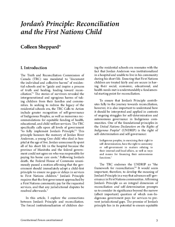 (PDF) Jordan’s Principle: Reconciliation and the First Nations Child
