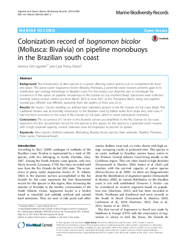 (PDF) Colonization record of Isognomon bicolor (Mollusca: Bivalvia) on ...