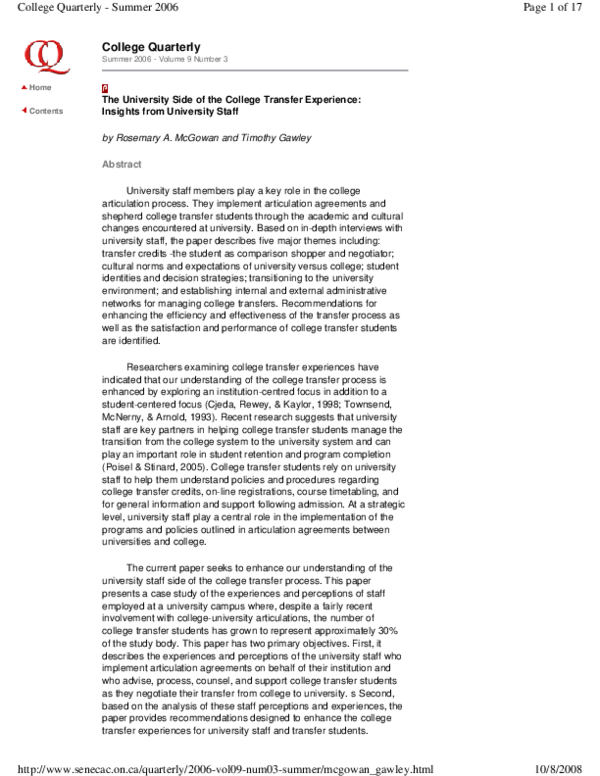 (PDF) The University Side of the College Transfer Experience: Insights ...