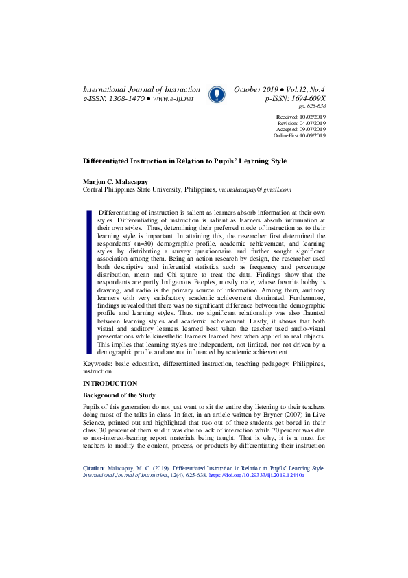 (PDF) Differentiated Instruction in Relation to Pupils’ Learning Style