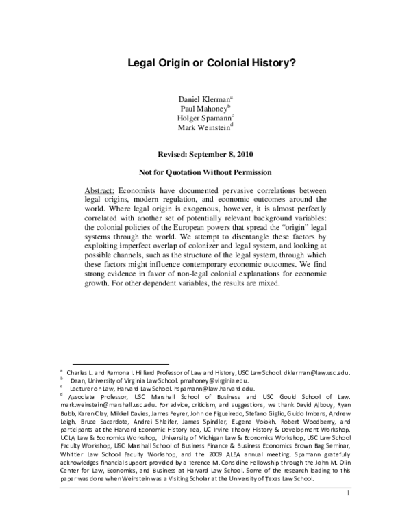 (PDF) Legal Origin or Colonial History?