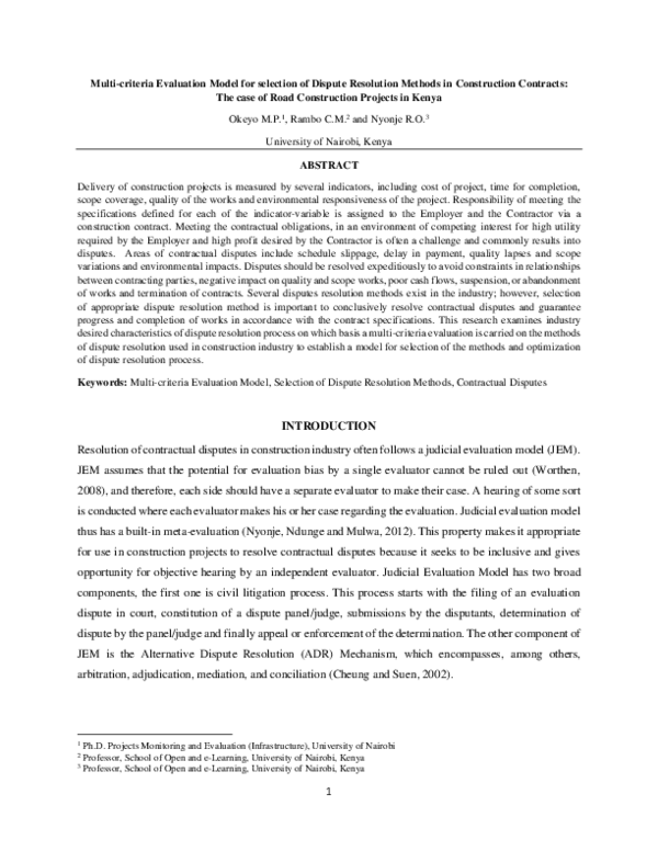 Pdf Multi Criteria Evaluation Model For Selection Of Dispute Resolution Methods In