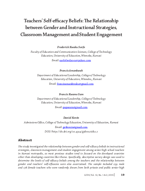 (PDF) Teachers’ Self-efficacy Beliefs: The Relationship between Gender ... (PDF) Teachers’ Self-efficacy Beliefs: The Relationship between Gender ...