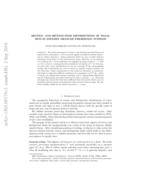 (PDF) Return- and hitting-time distributions of small sets in infinite measure preserving systems