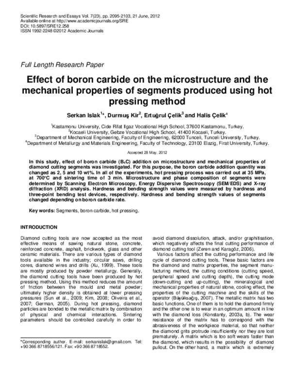 (PDF) Effect of boron carbide on the microstructure and the mechanical properties of segments ...