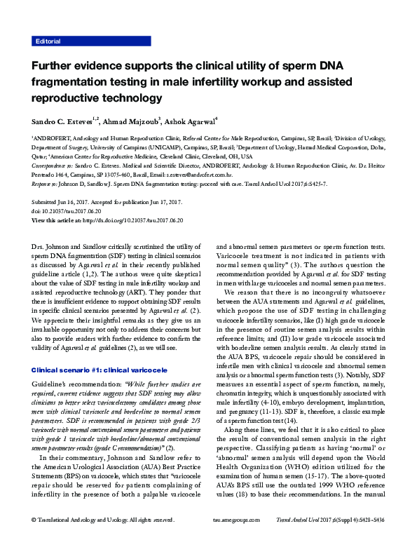 Pdf Further Evidence Supports The Clinical Utility Of Sperm Dna Fragmentation Testing In Male