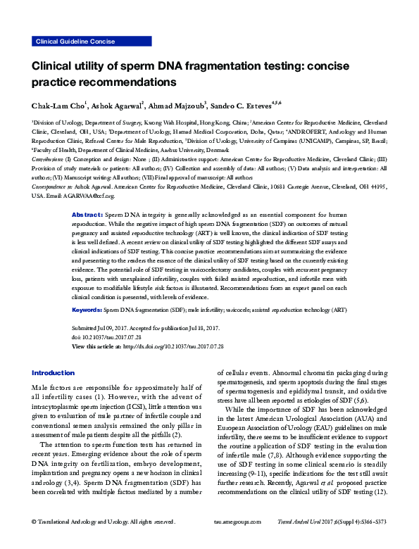 Pdf Clinical Utility Of Sperm Dna Fragmentation Testing Concise Practice Recommendations