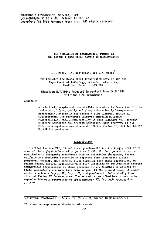 (PDF) The isolation of prothrombin, factor IX and factor X from human ...