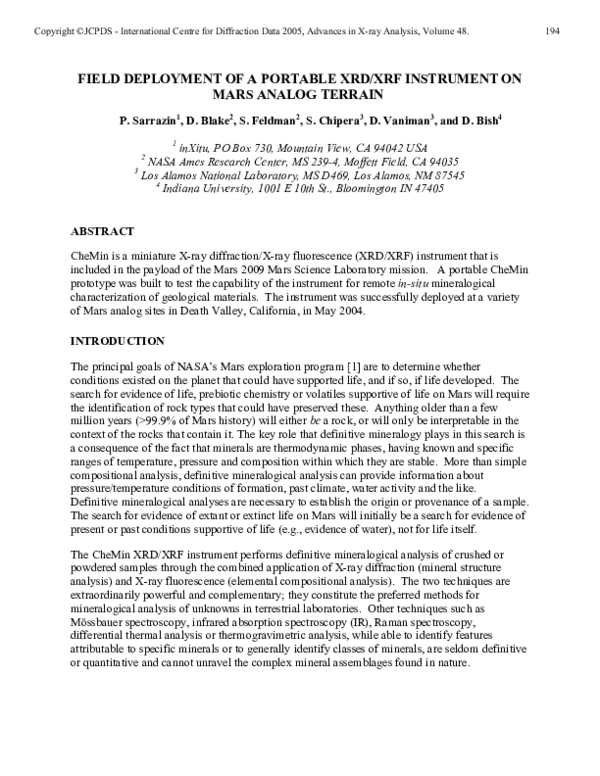 (PDF) Field Deployment of a Portable XRD/XRF Instrument on Mars Analog ...