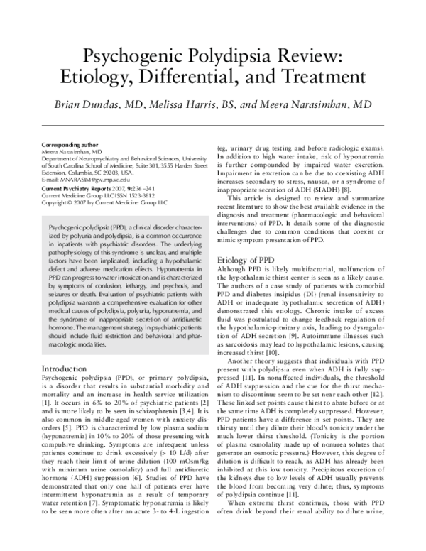 (PDF) Psychogenic polydipsia review: Etiology, differential, and treatment