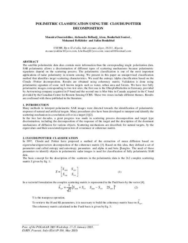 (PDF) Polarimetric Classification Using the Cloude/Pottier Decomposition
