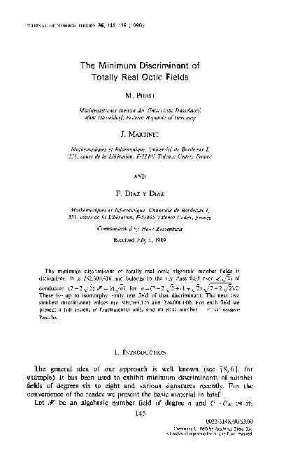 (PDF) The minimum discriminant of totally real octic fields
