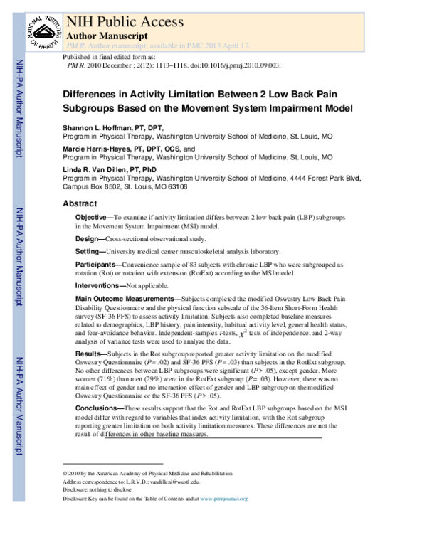 (PDF) Differences in Activity Limitation Between 2 Low Back Pain ...
