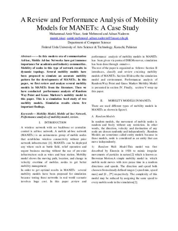 (PDF) A Review and Performance Analysis of Mobility Models for MANETs: A Case Study