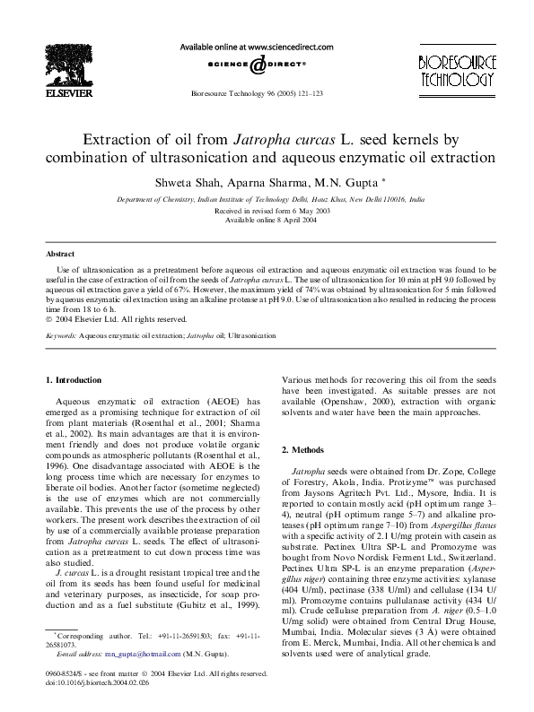 (PDF) Extraction of oil from Jatropha curcas L. seed kernels by combination of ultrasonication ...