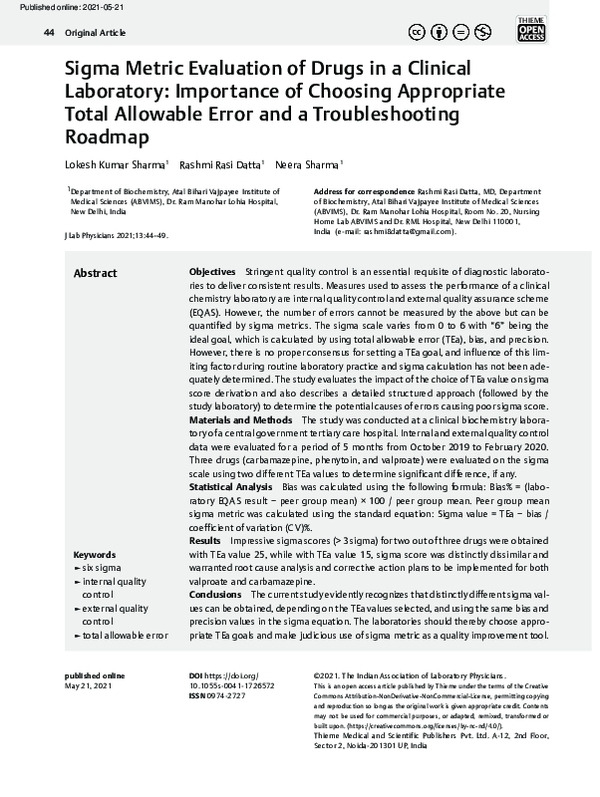 (PDF) Sigma Metric Evaluation of Drugs in a Clinical Laboratory ...