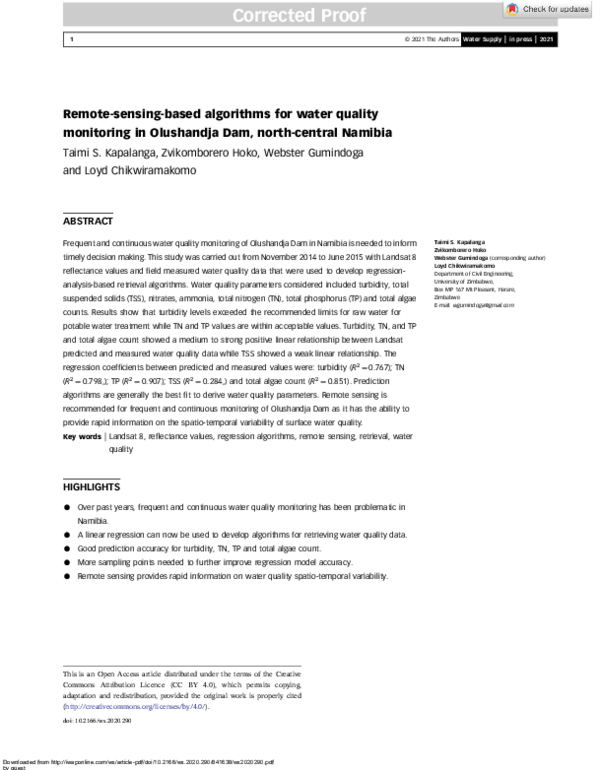 Pdf Remote Sensing Based Algorithms For Water Quality Monitoring In