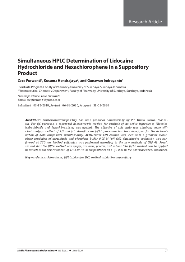 (PDF) Simultaneous HPLC Determination of Lidocaine Hydrochloride and Hexachlorophene in a ...