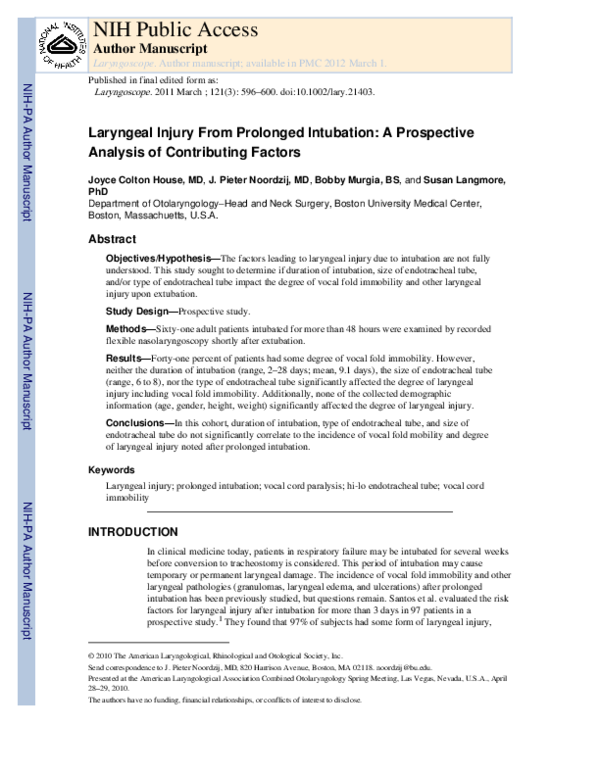 (PDF) Intubation Duration and Laryngeal Injury Factors