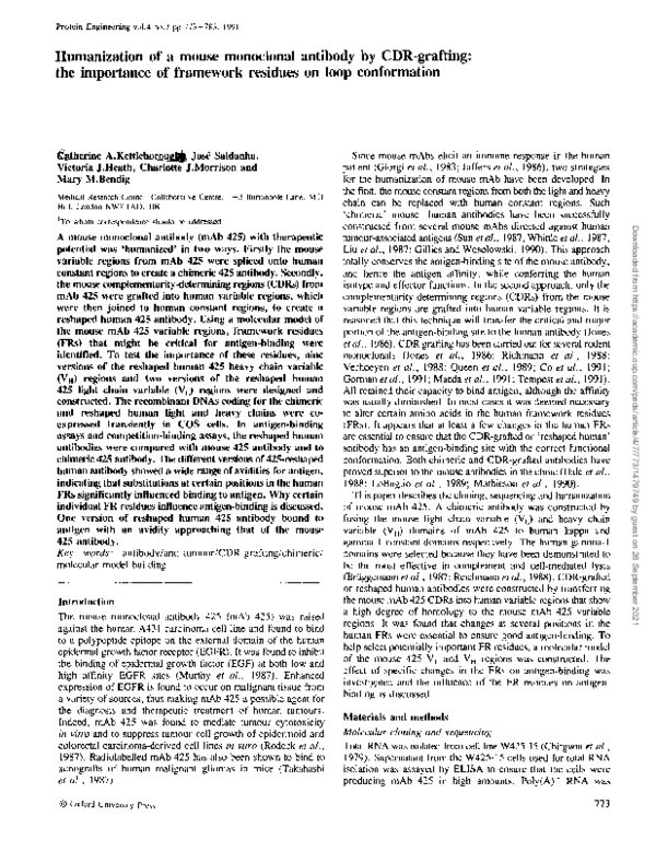 (PDF) Humanization of a mouse monoclonal antibody by CDR–grafting: the ...