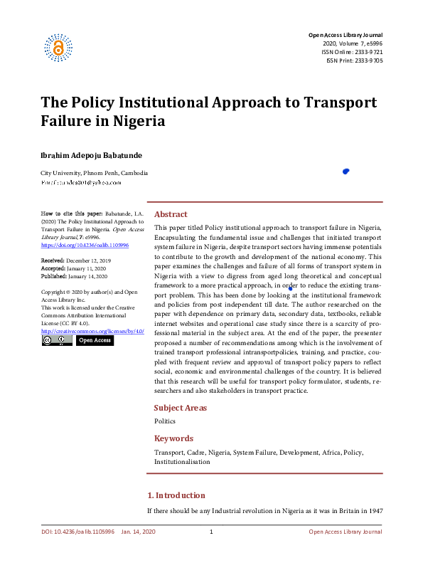 (PDF) The Policy Institutional Approach to Transport Failure in Nigeria
