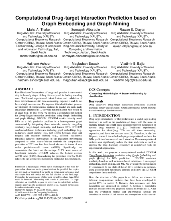 Pdf Computational Drug Target Interaction Prediction Based On Graph Embedding And Graph Mining 