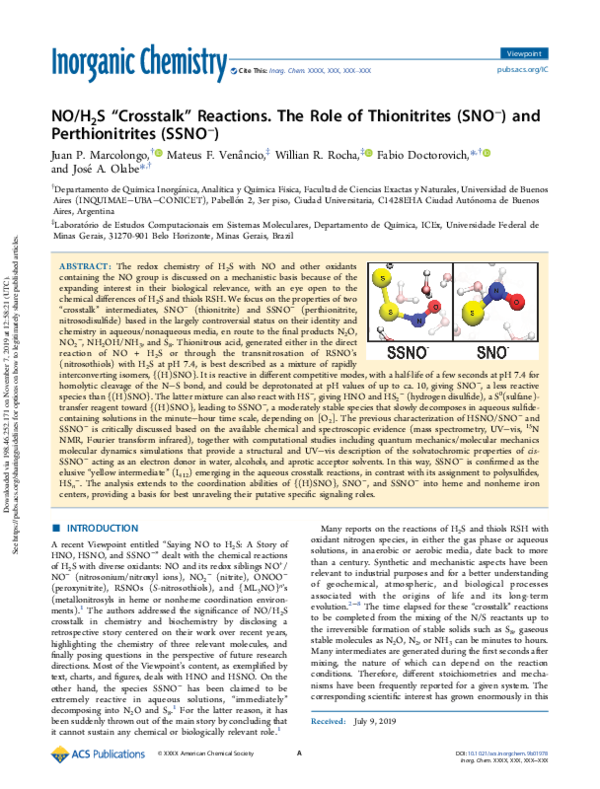 (PDF) NO/H2S “Crosstalk” Reactions. The Role of Thionitrites (SNO–) and ...