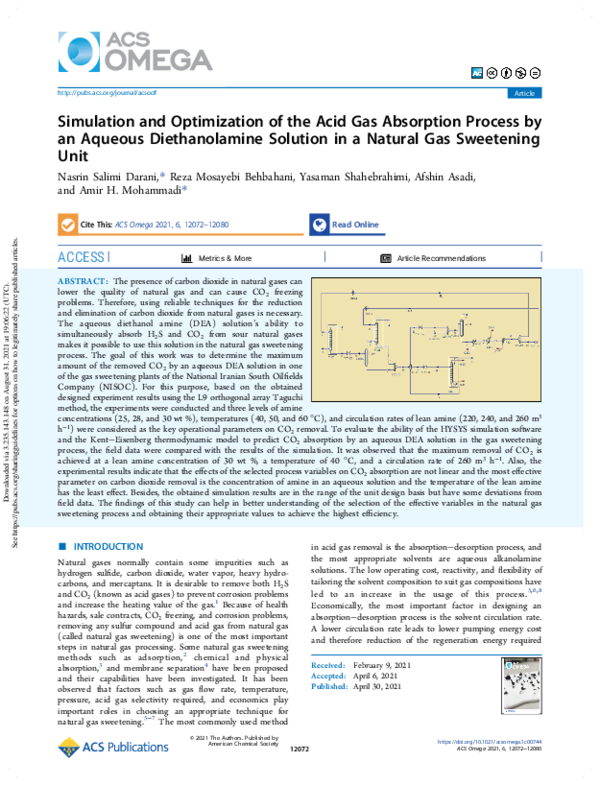(PDF) Simulation and Optimization of the Acid Gas Absorption Process by ...