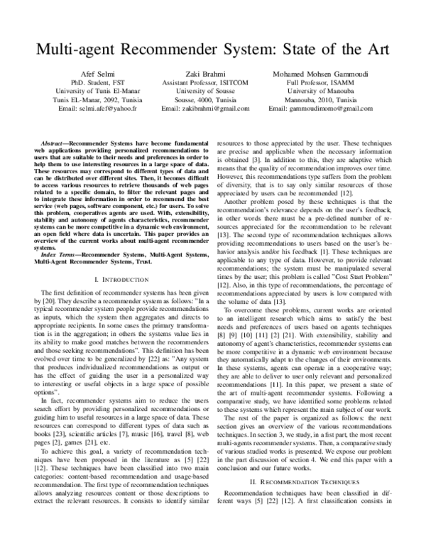 (PDF) Multi-agent Recommender System: State of the Art