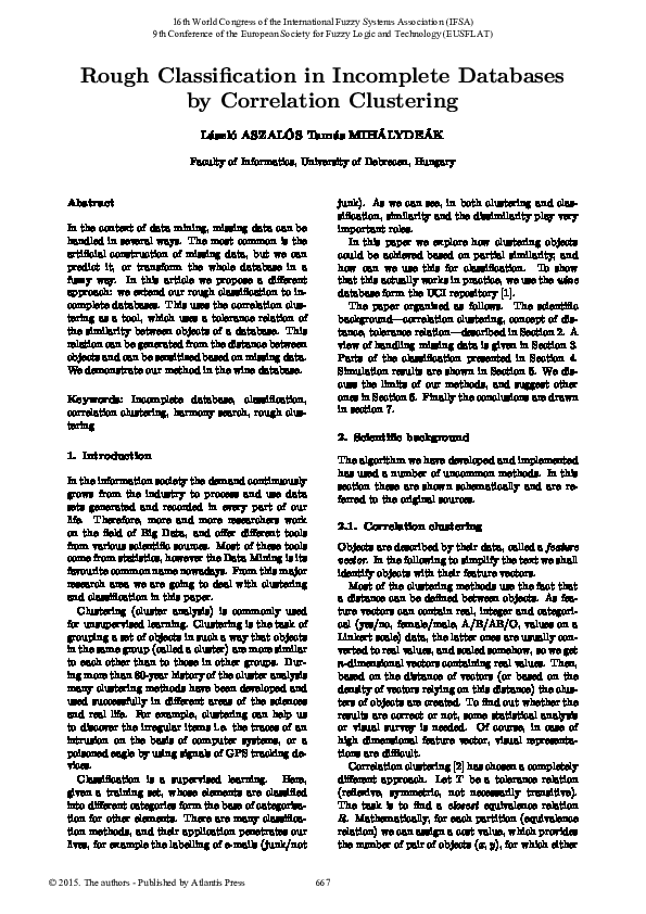 (PDF) Rough Classification in Incomplete Databases by Correlation Clustering