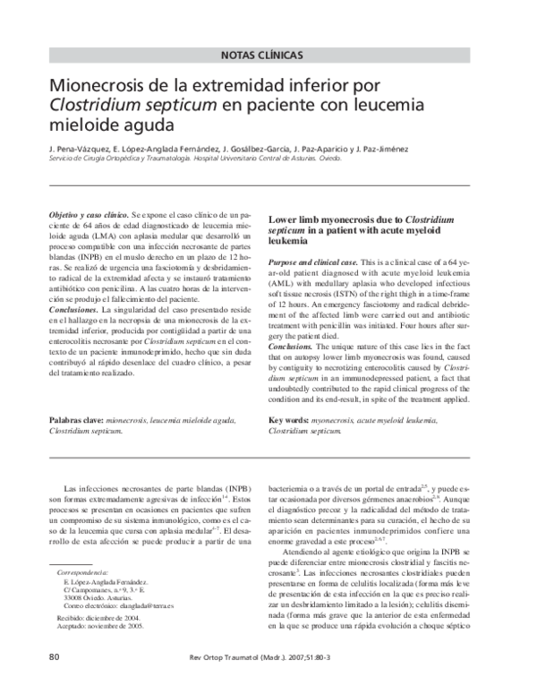 (PDF) Mionecrosis de la extremidad inferior por Clostridium septicum en ...