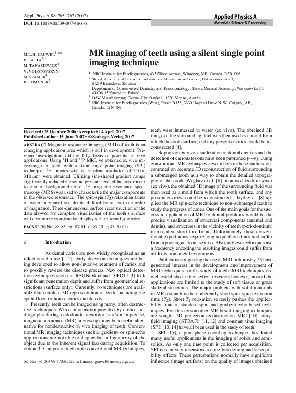 (PDF) MR imaging of teeth using a silent single point imaging technique