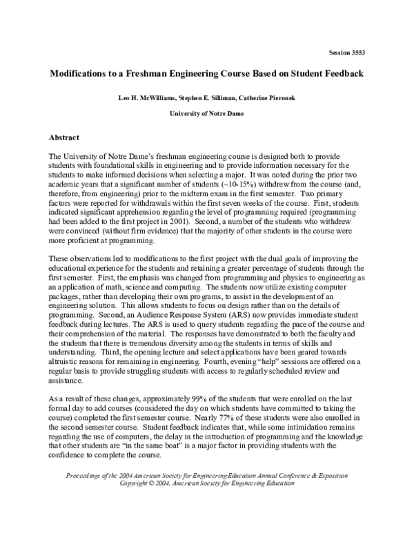 (PDF) Modifications to a freshman engineering course based on student ...