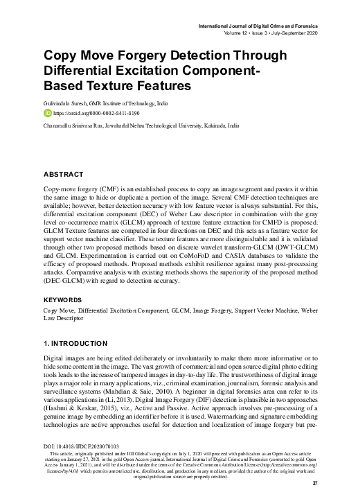 Pdf Copy Move Forgery Detection Through Differential Excitation Component Based Texture Features