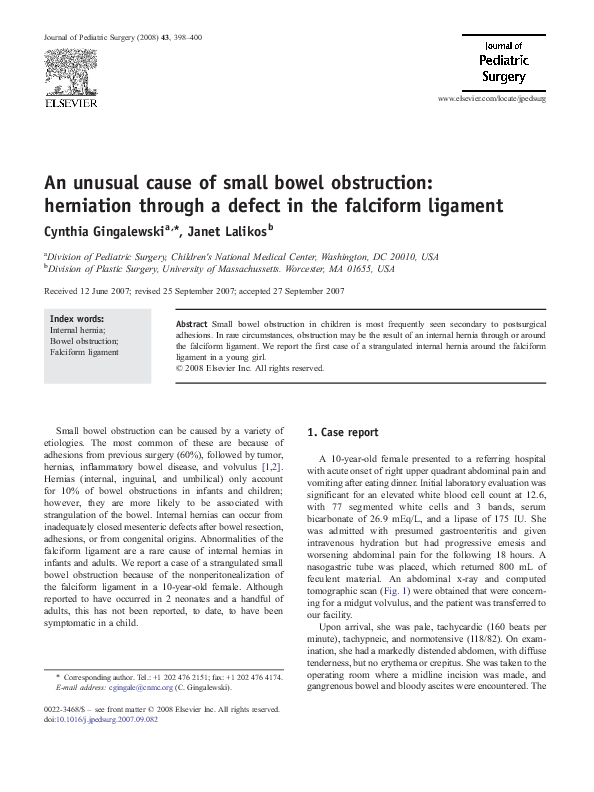 (PDF) An unusual cause of small bowel obstruction: herniation through a ...