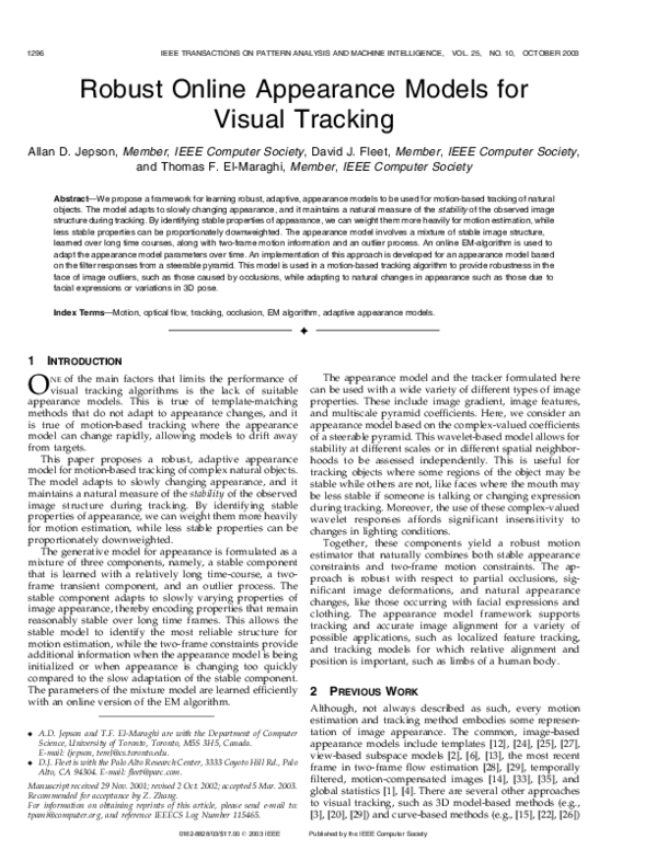 Pdf Robust Online Appearance Models For Visual Tracking David Fleet