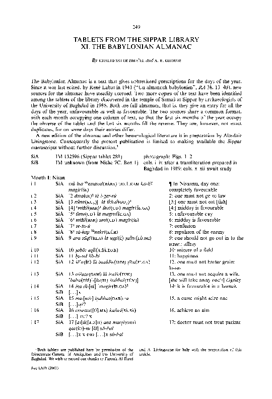 (PDF) Tablets from the Sippar Library XI. The Babylonian Almanac (with ...
