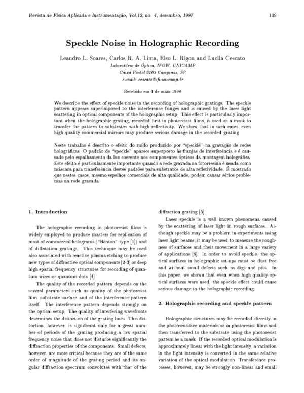 (PDF) Speckle Noise in Holographic Recording