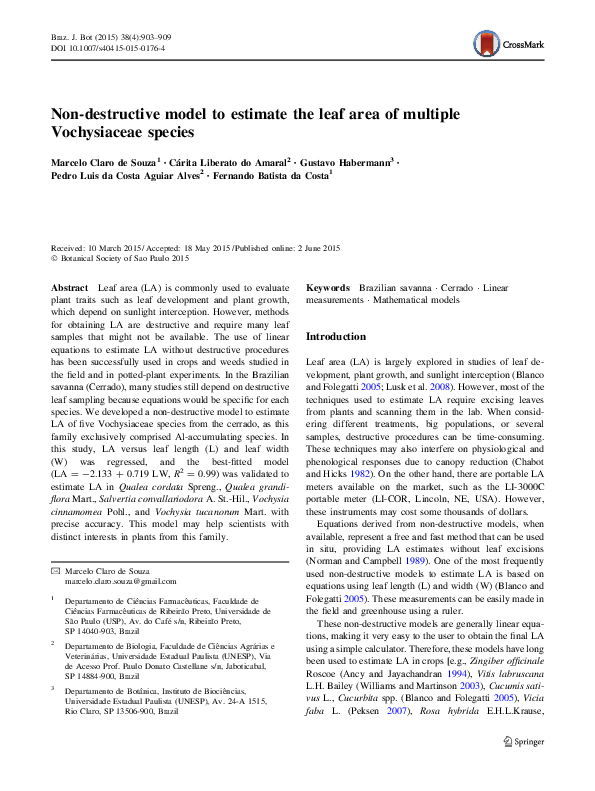 (PDF) Non-destructive model to estimate the leaf area of multiple Vochysiaceae species